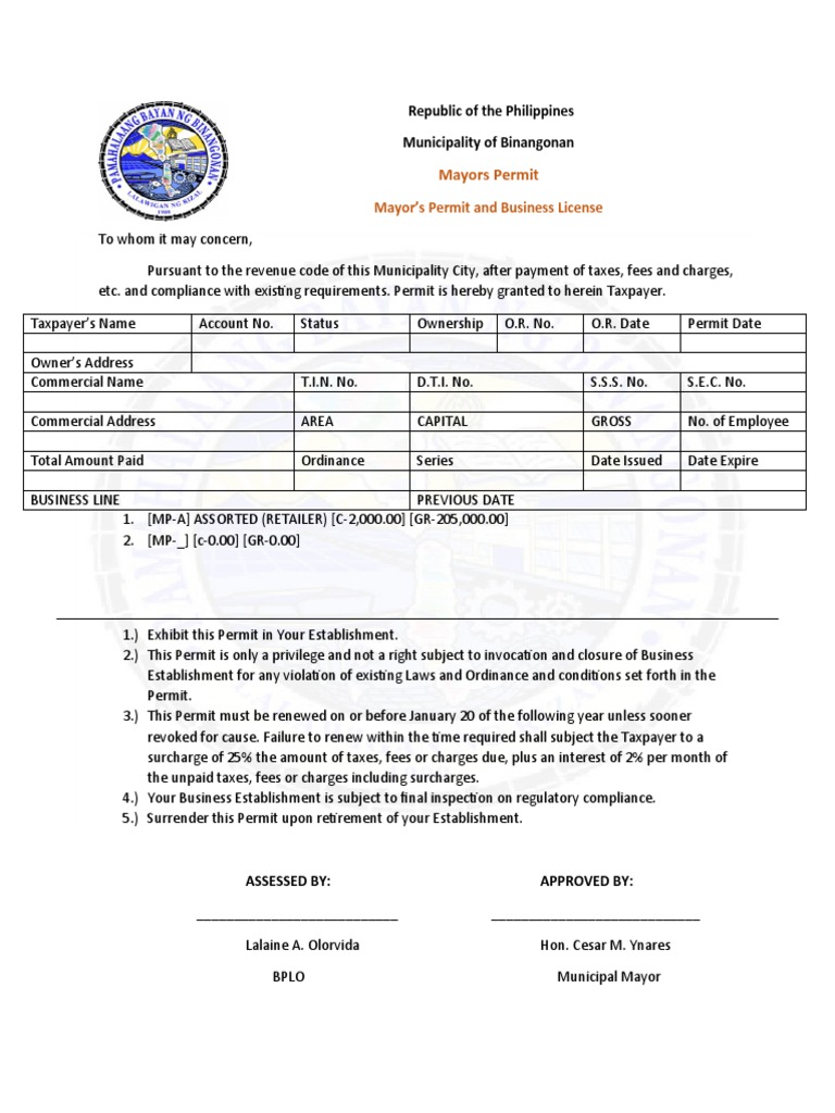 MAYORS PERMIT | PDF | Taxpayer | Fee