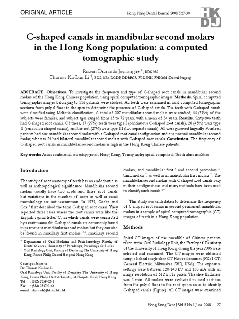 C-shaped Canals in Hong Kong Molars | PDF | Ct Scan | Dental Anatomy