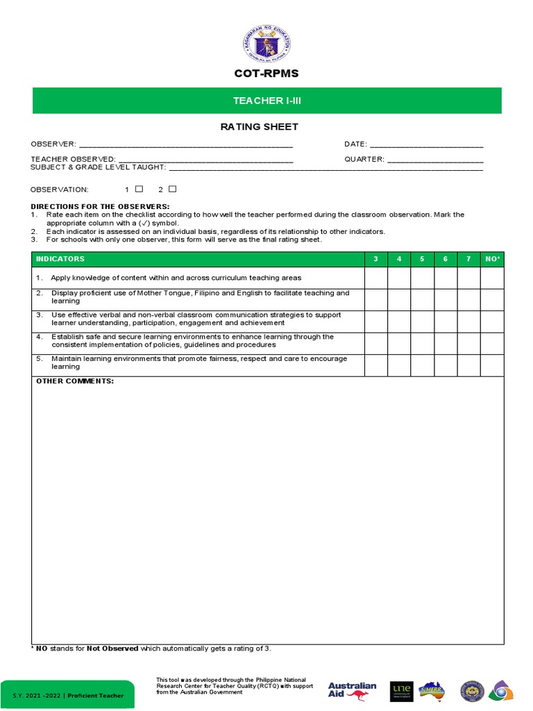 COT RPMS Rating Sheet For T I III For SY 2021 2022 in The Time of COVID ...