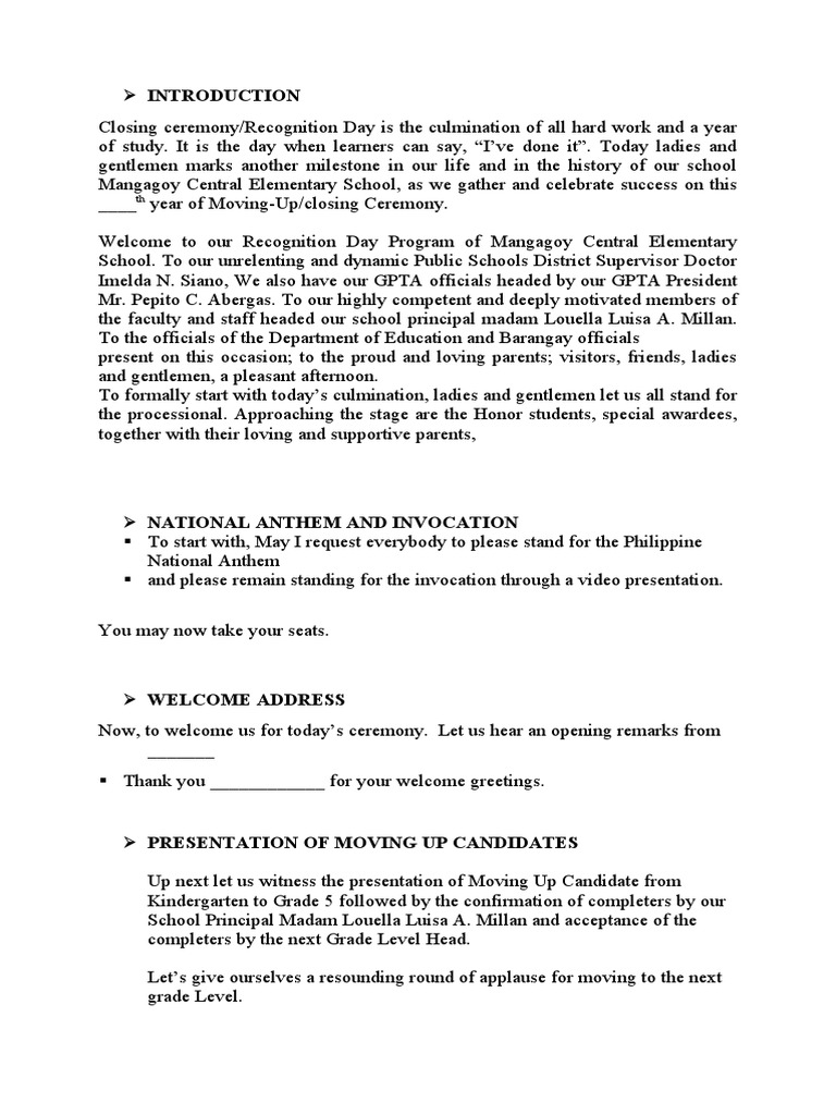 Emcee Script For Moving Up Ceremony | PDF
