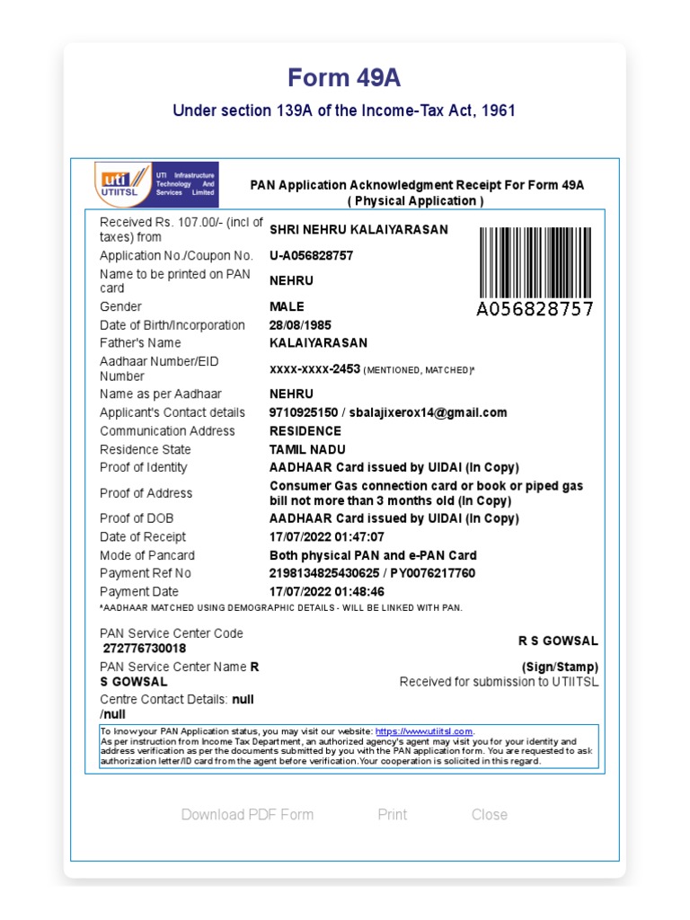 Form 49A: Under Section 139A of The Income-Tax Act, 1961 | PDF | Identity Document | Government