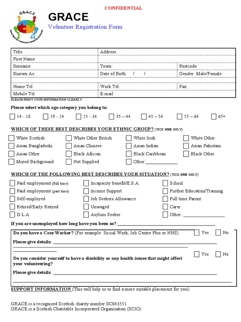 Volunteer Registration Form GRACE | PDF | Volunteering | Charitable ...