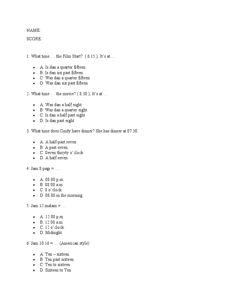 Contoh Soal Telling Time | PDF
