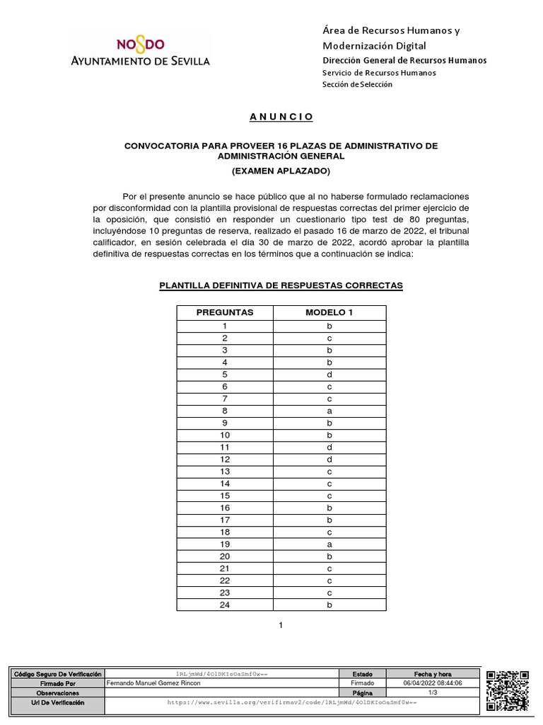 21 Anuncio Plantilla Definitiva Primer Ejercicio Examen Aplazado | PDF