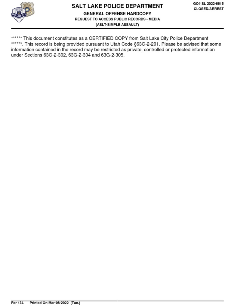 Slcpd Police Report On Jan 12 Incident Pdf Arrest Assault