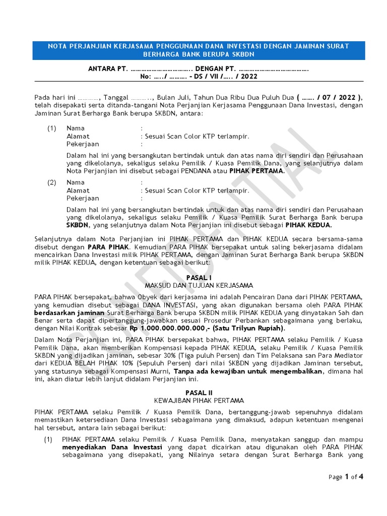 Nota Perjanjian Kerjasama Penggunaan Dana Investasi Dengan Jaminan Surat Berharga SKBDN | PDF
