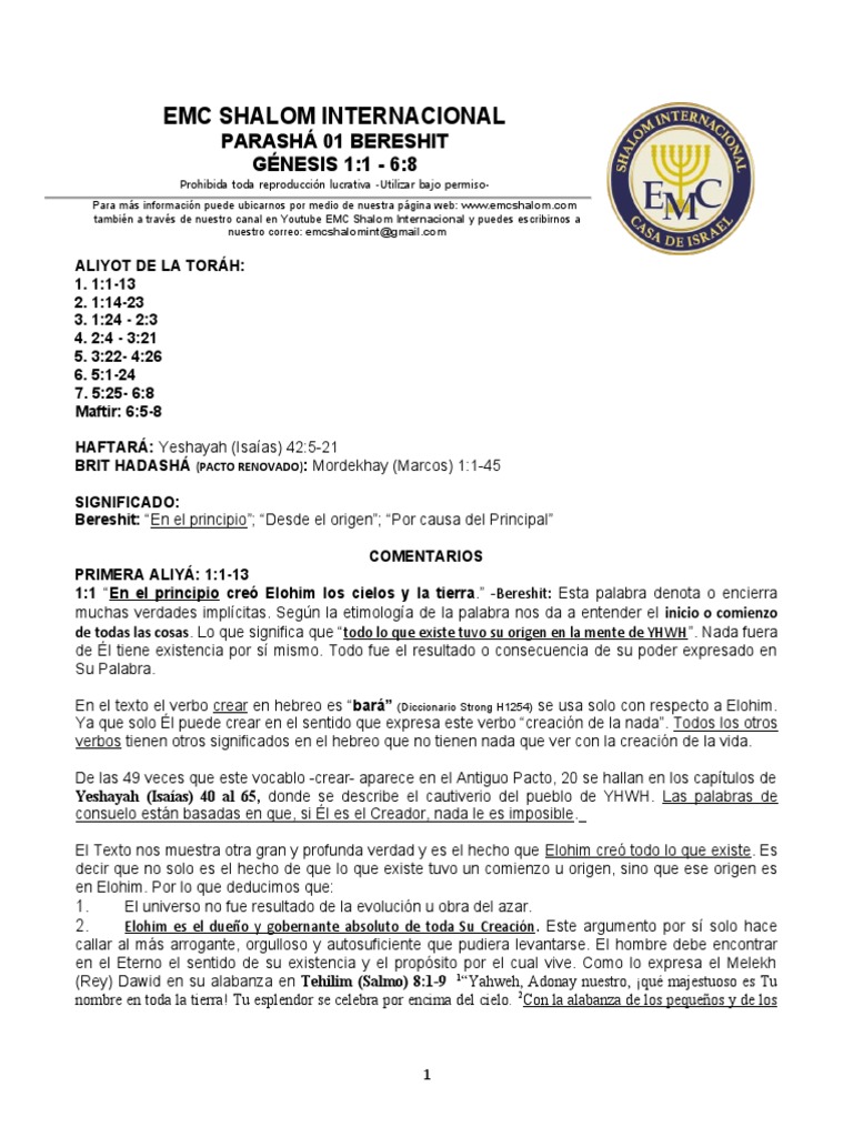 PARASHÁ 1 - Bereshit - OK VB. | PDF | Libro del Génesis | Tetragrammaton