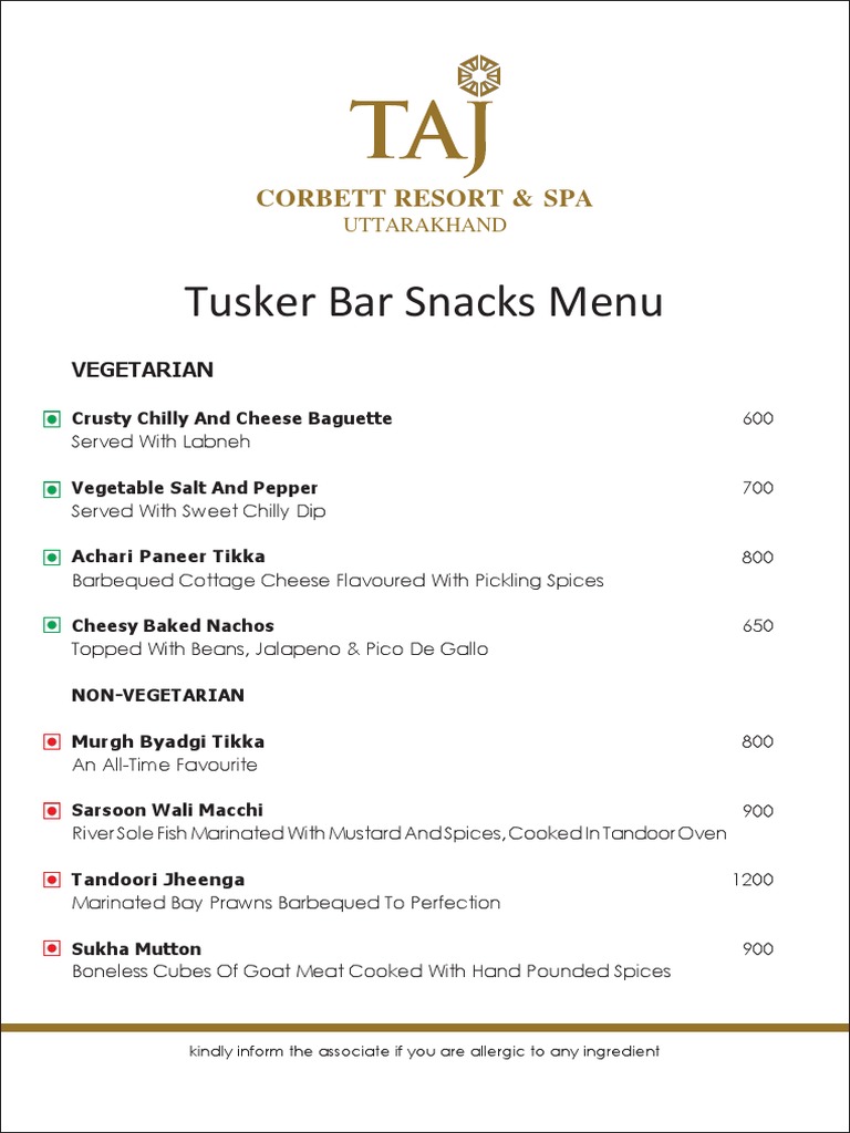 Tusker Bar Snacks Menu: Corbett Resort & Spa | PDF | Scotch Whisky | Drink