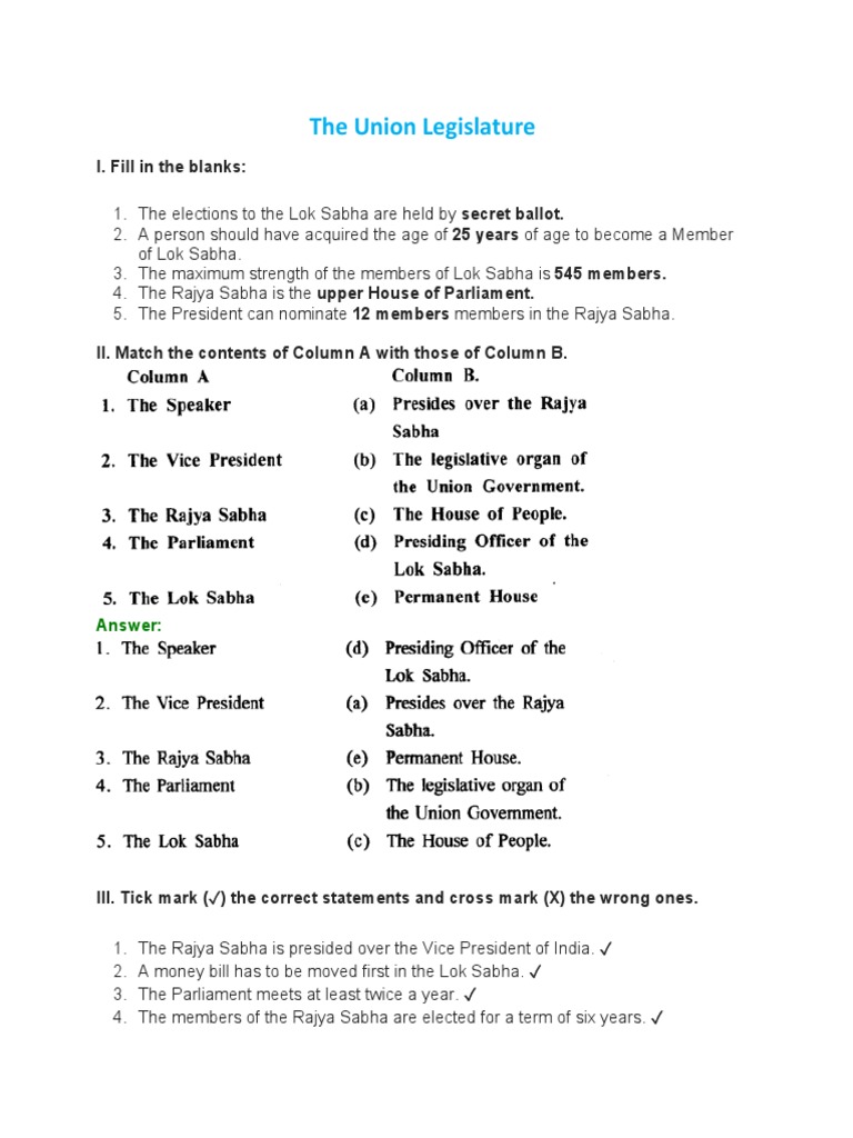 Class 8 Chapter 1 The Union Legislature | PDF | Voting | Separation Of ...