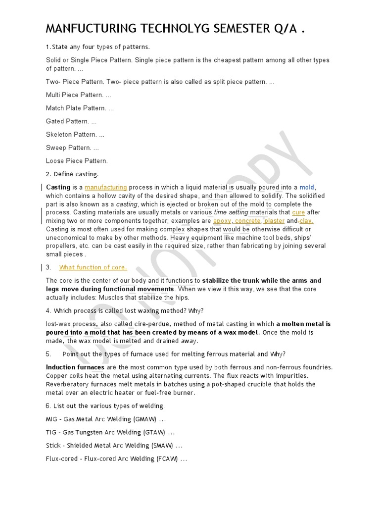 Manufacturing Tech Q&A Guide | PDF | Casting (Metalworking) | Forging