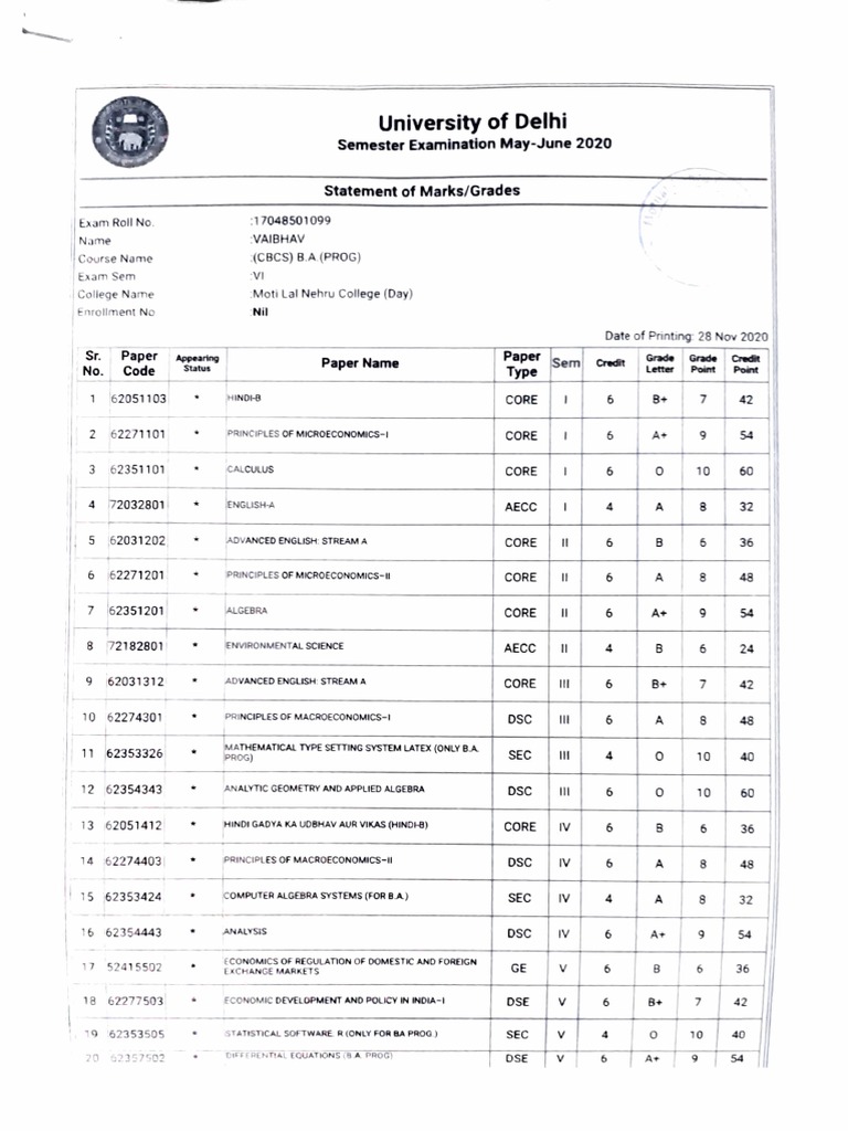 University of Delhi: Statement of Marks/Grades | PDF