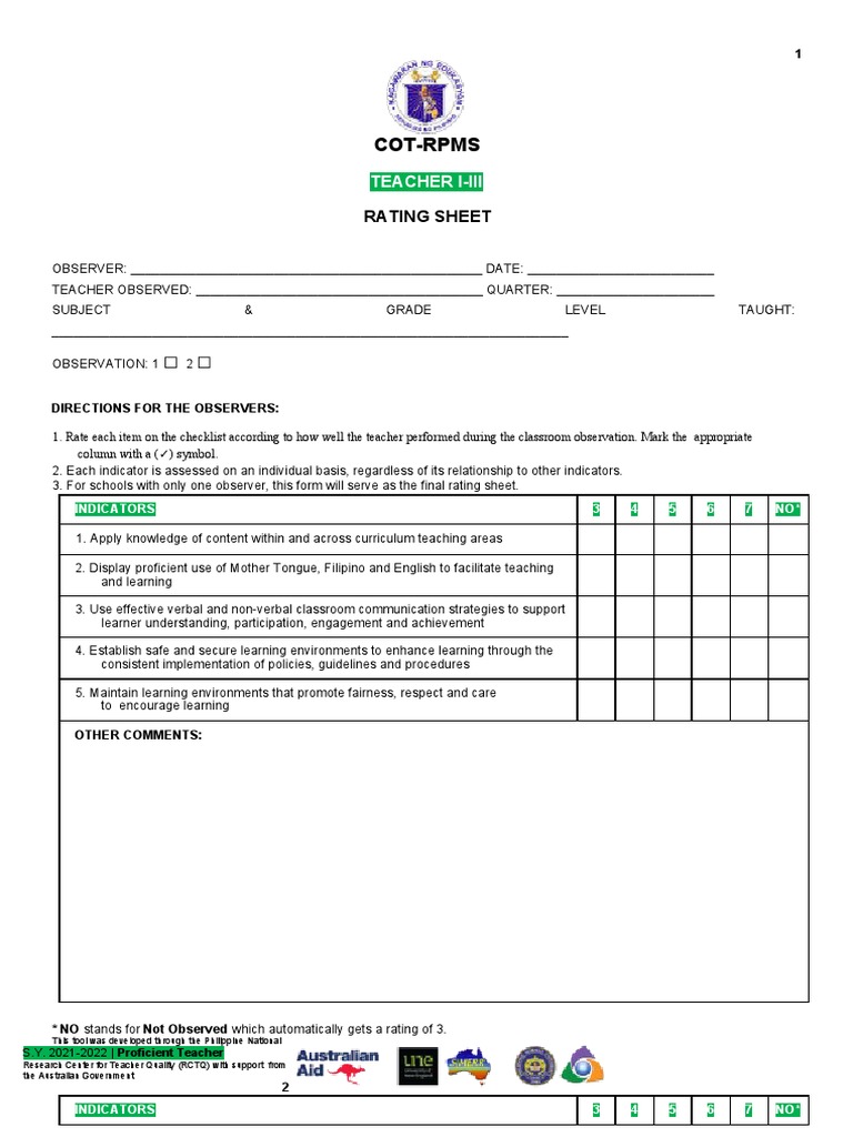 COT-RPMS Rating Sheet For T I-III For SY 2021-2022 in The Time of COVID ...
