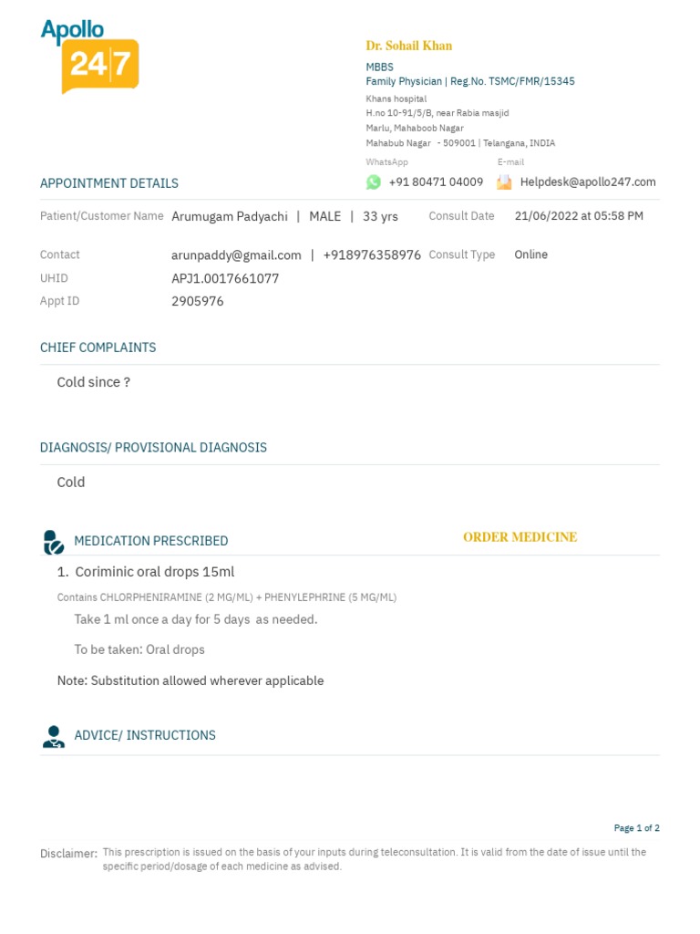 Prescription Apollo 2471655814553150 | PDF | Medical Prescription ...