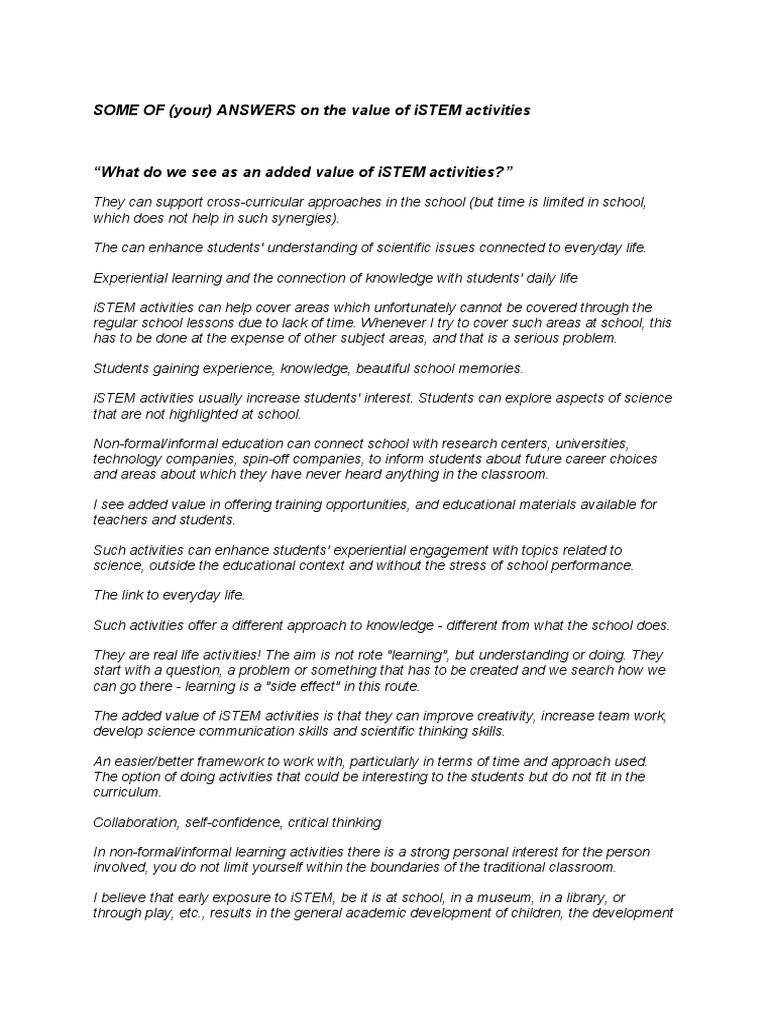 SOME OF (Your) ANSWERS On The Value of iSTEM Activities | PDF | Science ...