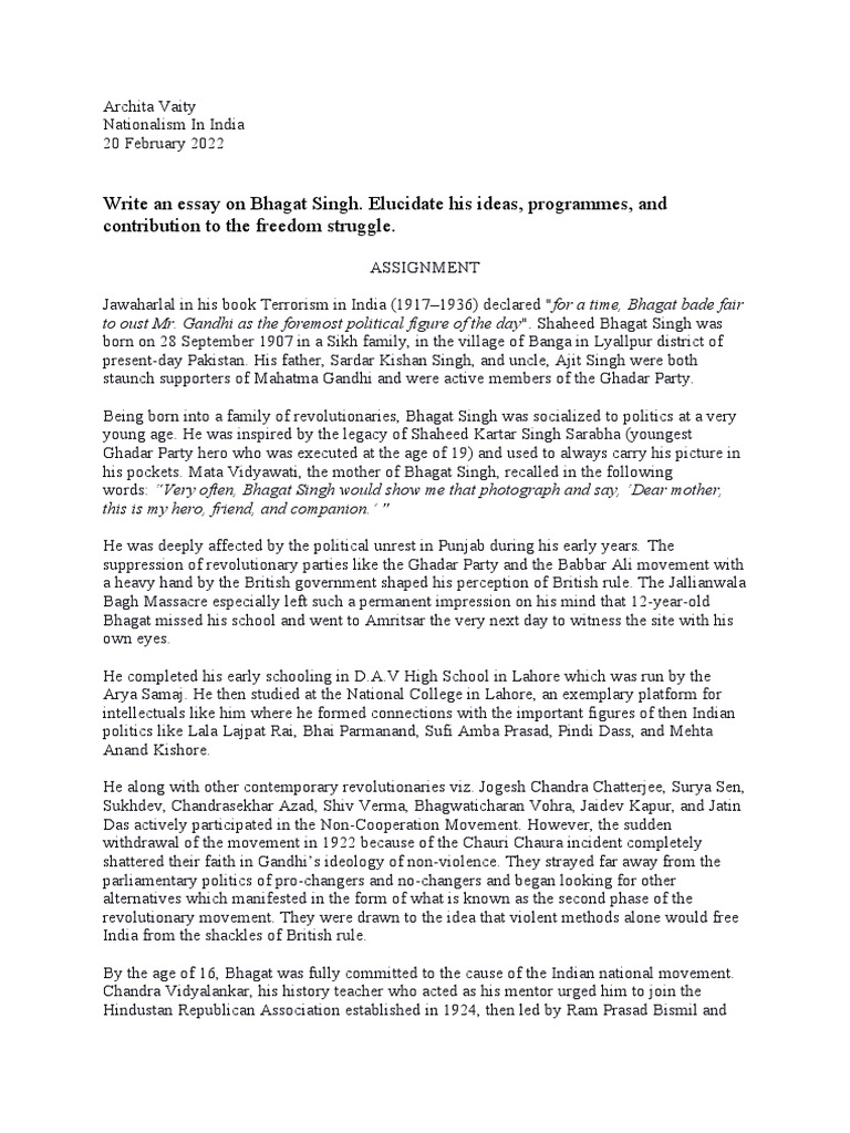 Write An Essay On Bhagat Singh. Elucidate His Ideas, Programmes, and ...