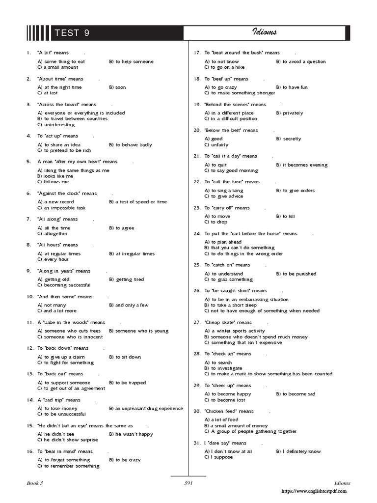 Idioms: Test 9 | PDF