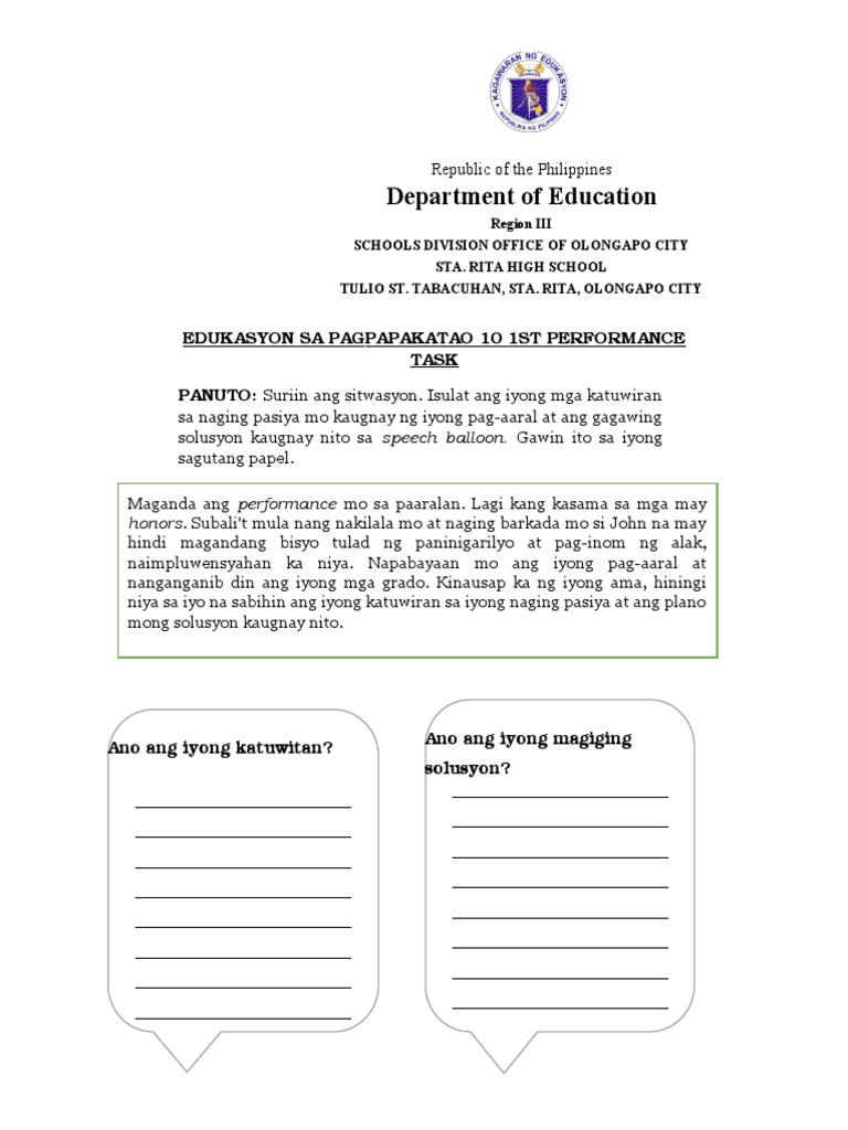 Edukasyon Sa Pagpapakatao 10 1ST Performance Task | PDF
