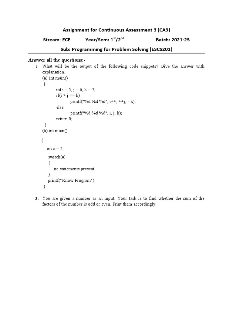 Assignment For Continuous Assessment 3 (CA3) Stream: ECE Year/Sem: 1 /2 Batch: 2021-25 Sub ...