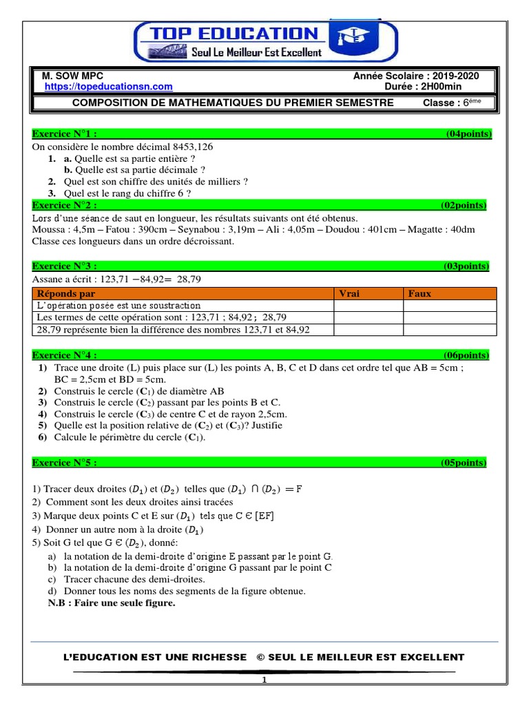 Composition de Mathematiques Du 1er Semestre 6ã Me 2019-2020 Senegal | PDF | Mathématiques ...