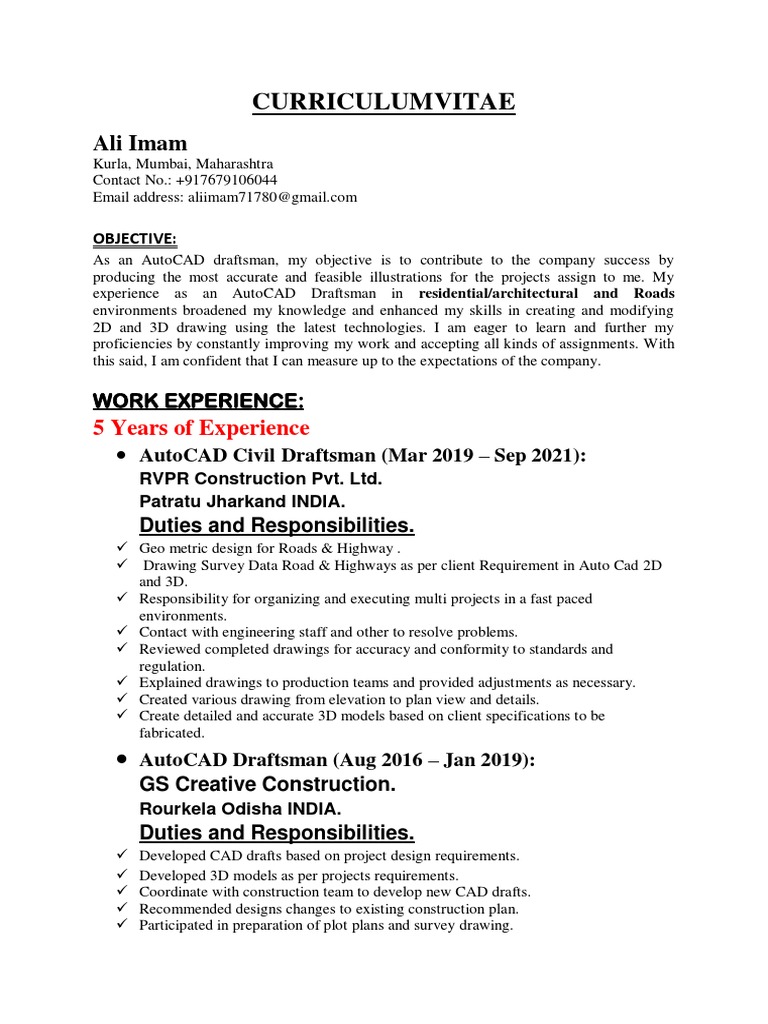 AutoCAD Draftsman CV for Civil Projects | PDF | Technical Drawing ...