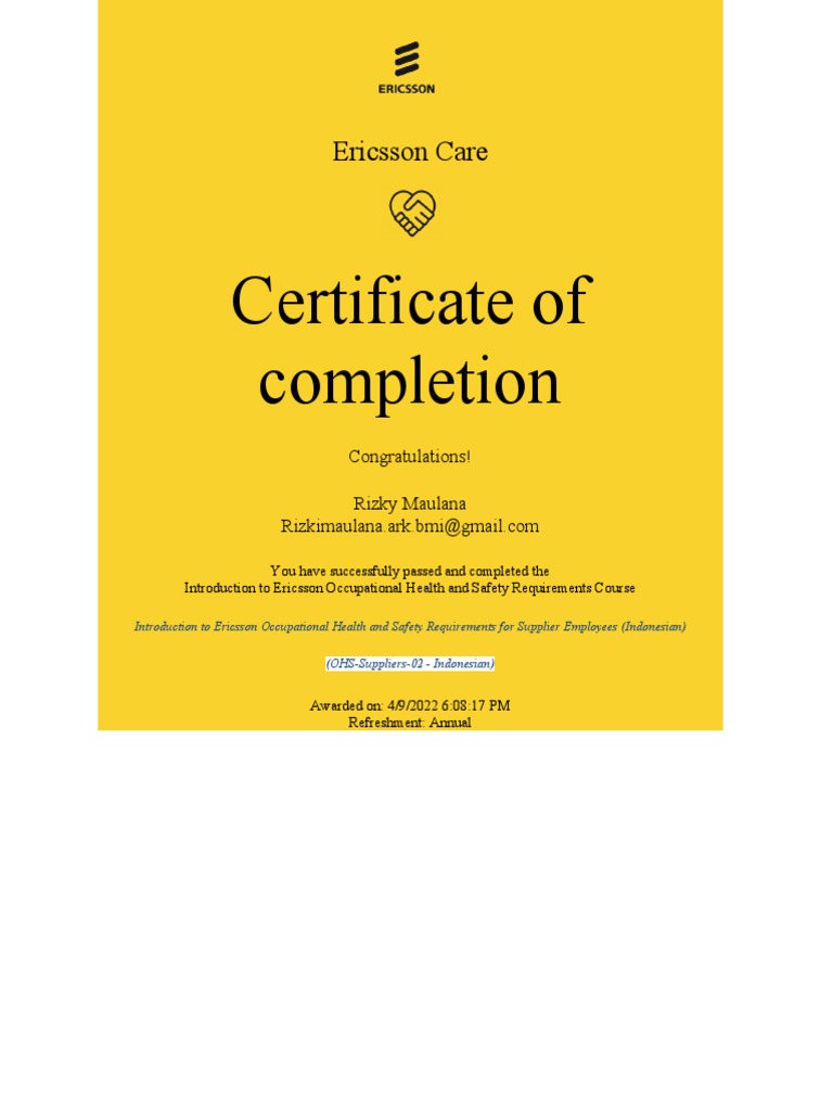 Certificate of Completion: Ericsson Care | PDF | Technology & Engineering