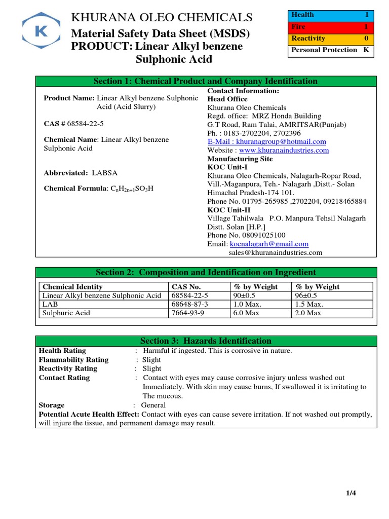 Linear Alkyl Benzene Sulphonic Acid (LABSA) +MSDS - of - LABSA. | PDF ...