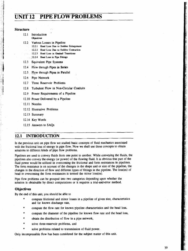 Unit-12 Pipe Flow Problems | PDF | Fluid Dynamics | Reynolds Number