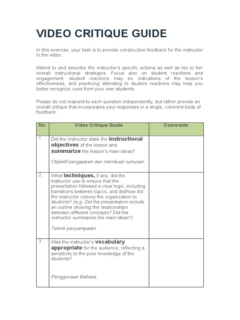 Video Critique Guide: Instructional Objectives Summarize | PDF ...