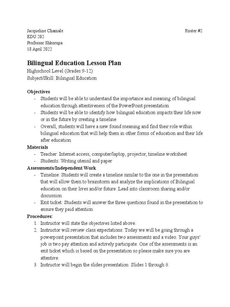 Bilingual Education Lesson Plan: Objectives | PDF | Lesson Plan | Teaching