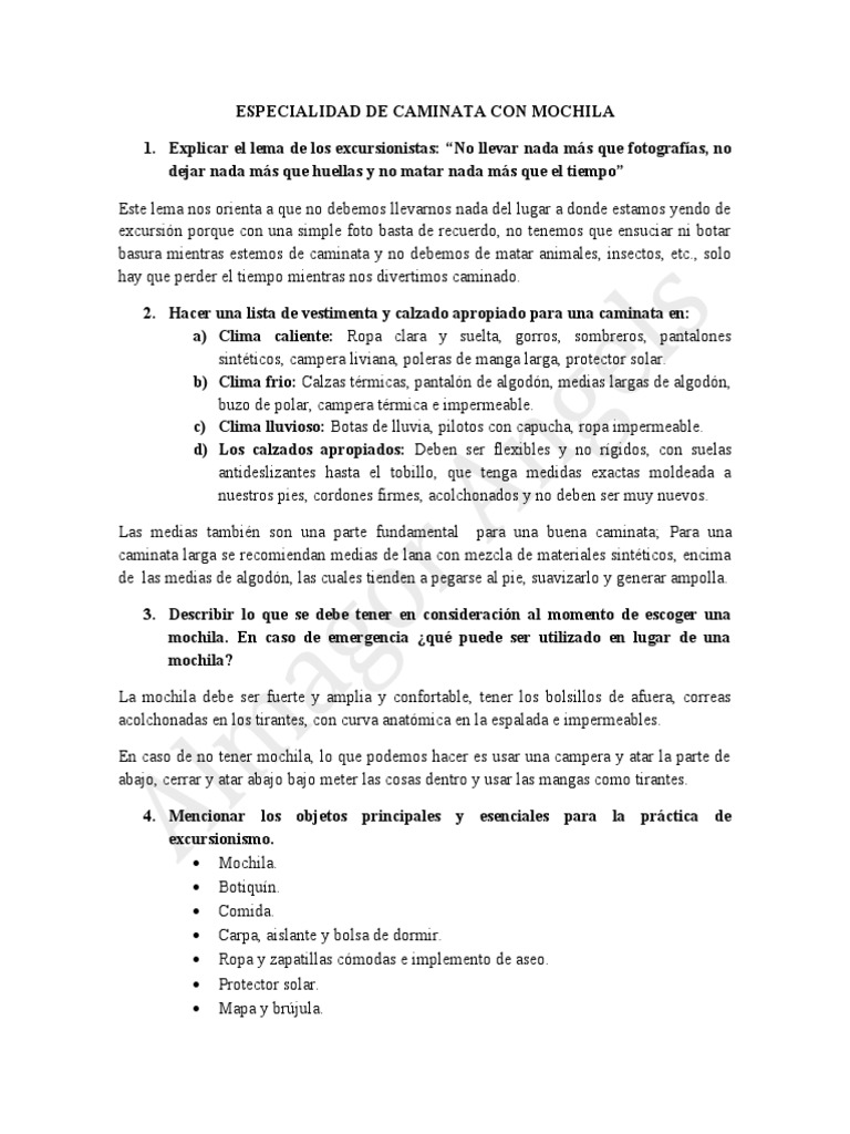 Especialidad de Caminata Con Mochila | PDF | Alimentos | Agua Especialidad de Caminata Con Mochila | PDF | Alimentos | Agua