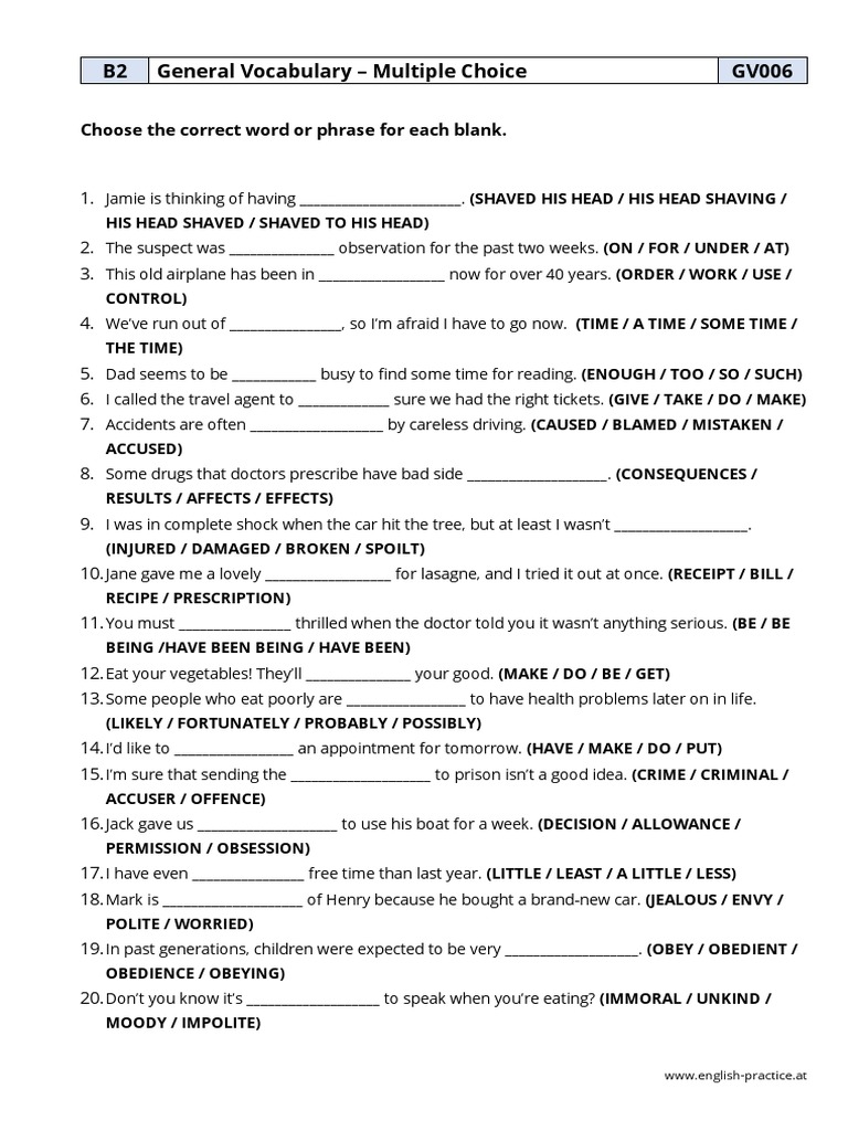 B2 General Vocabulary - Multiple Choice GV006: Choose The Correct Word ...