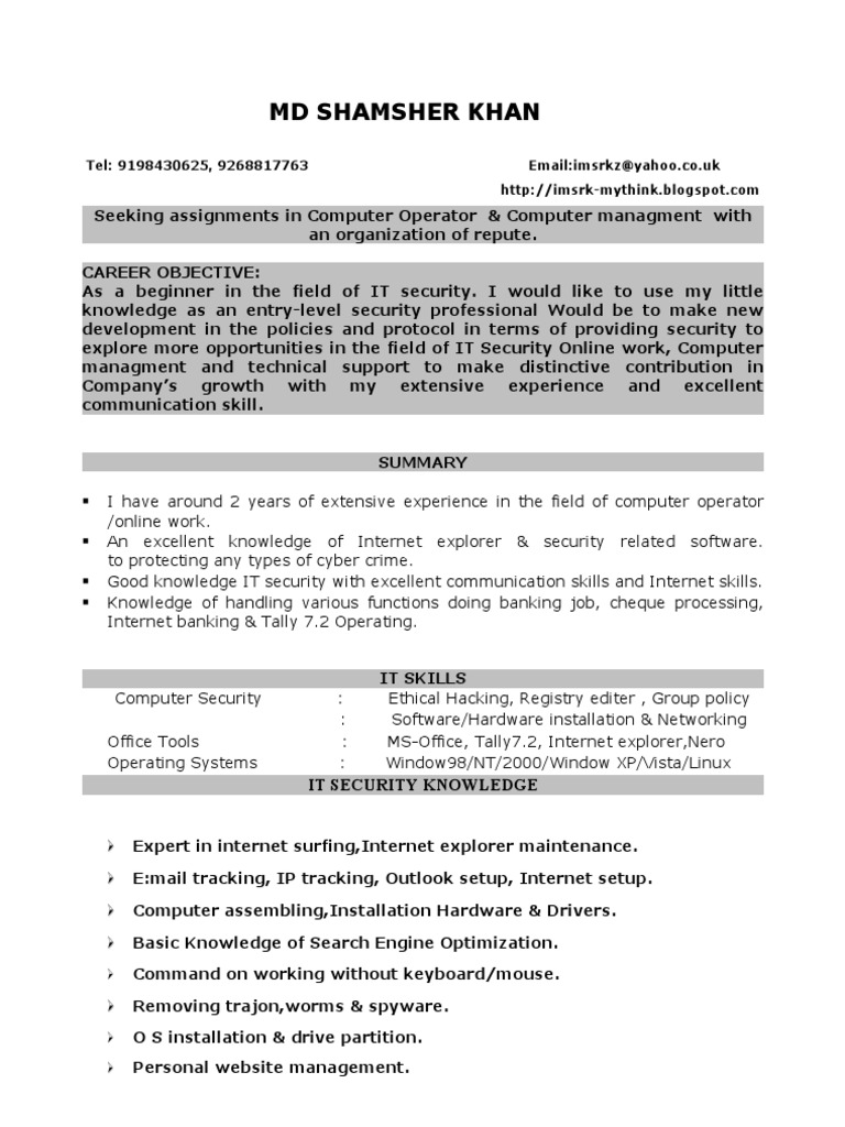 MD Shamsher Khan Resume | PDF | Computer Security | Security