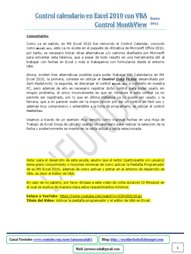 Control Calendario en Excel 2010 Con VBA | PDF | Microsoft Excel ...
