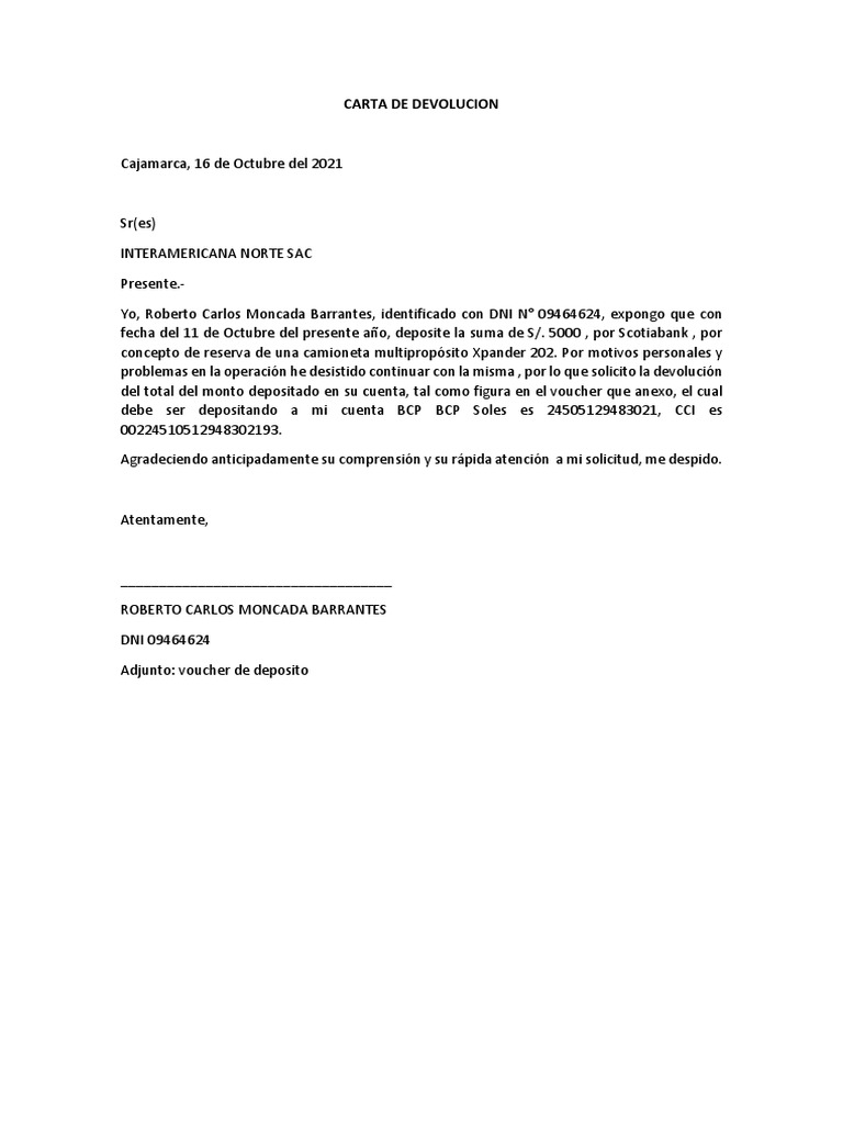 Carta de Devolucion | PDF