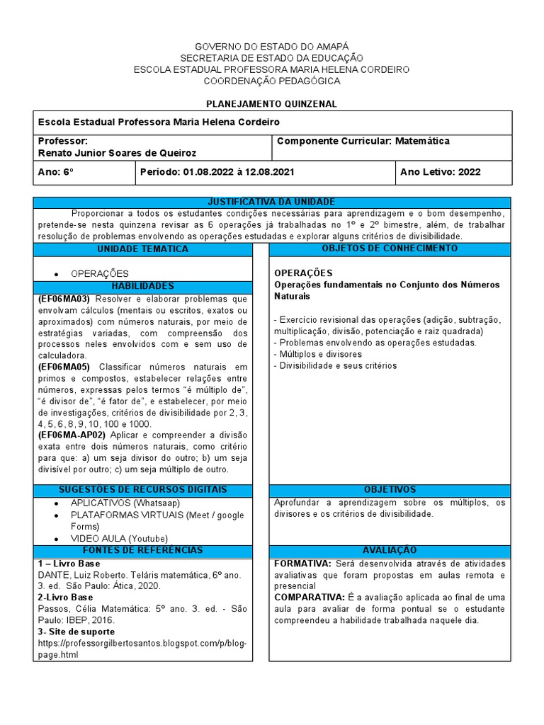 Plano Quinzenal | PDF | Matemática | Aprendizado