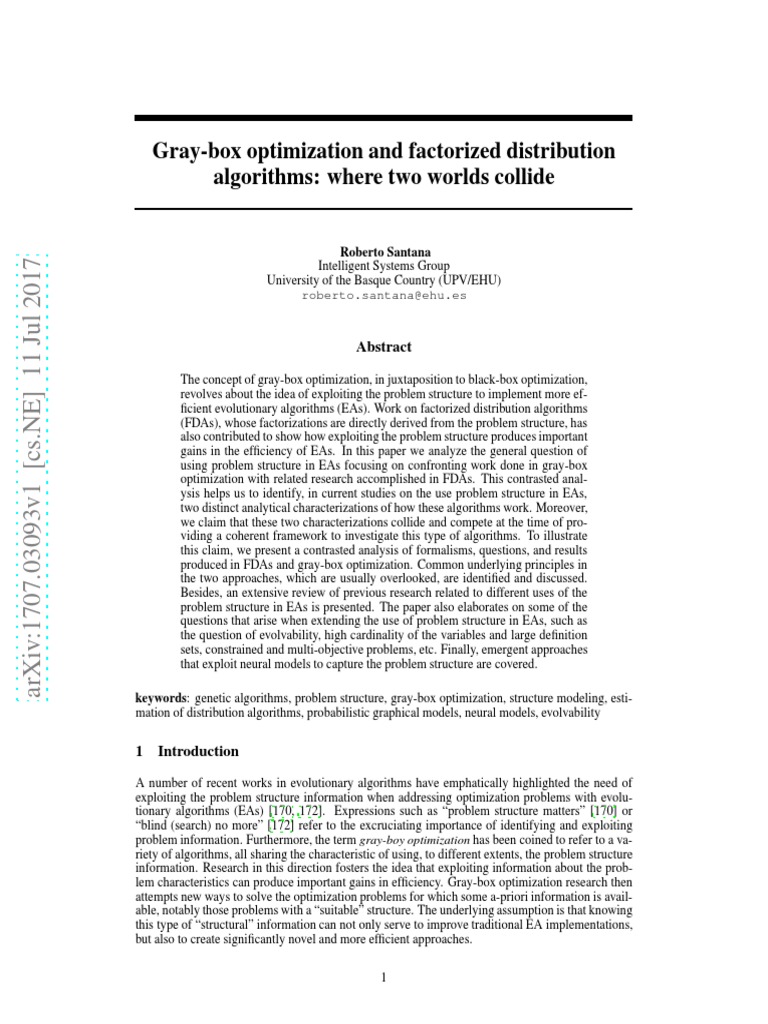 Gray Box Optimization And Factorized Distribution Algorithms Where Two Worlds Collide Pdf