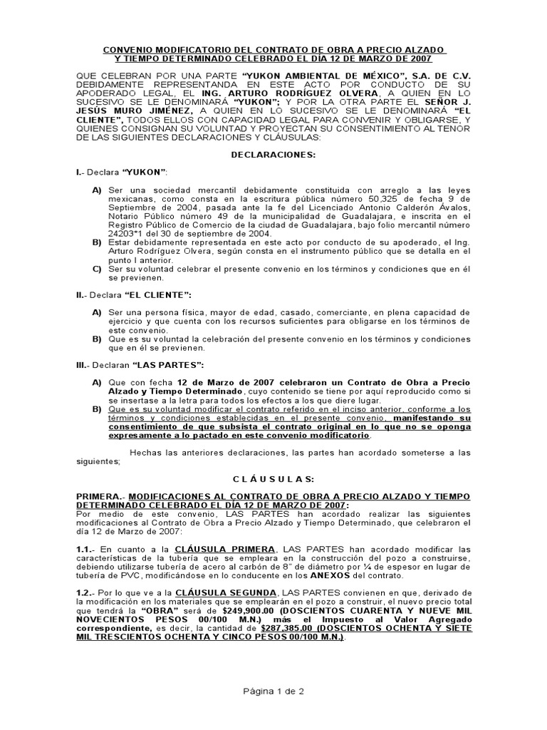 Convenio Modificatorio Del Contrato de Obra A Precio Alzado | PDF