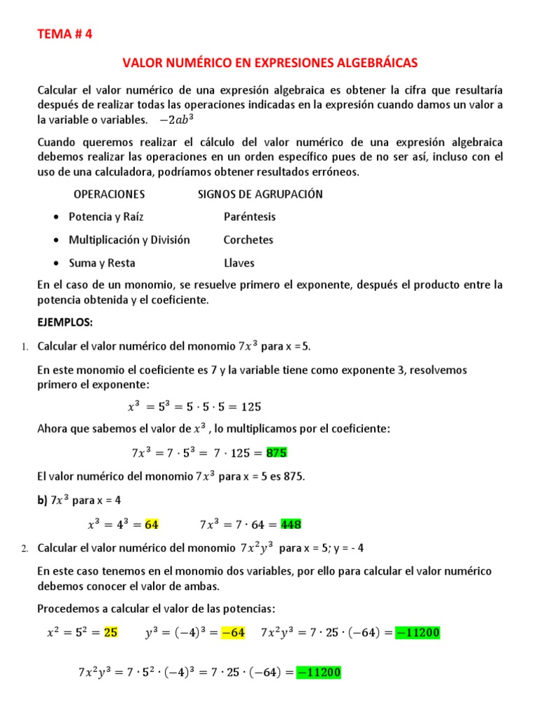 04 Valor Numerico de Expresiones Algebraicas | PDF | Multiplicación ...