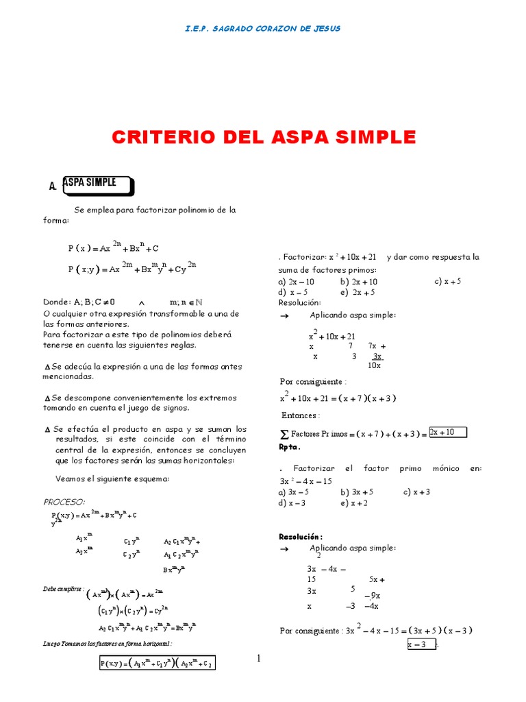 Criterio Del Aspa Simple | PDF | Factorización | Matemáticas
