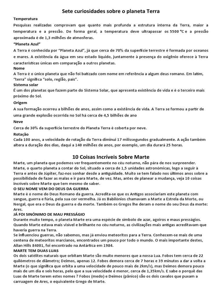 Sete Curiosidades Sobre o Planeta Terra | PDF | Marte | Terra