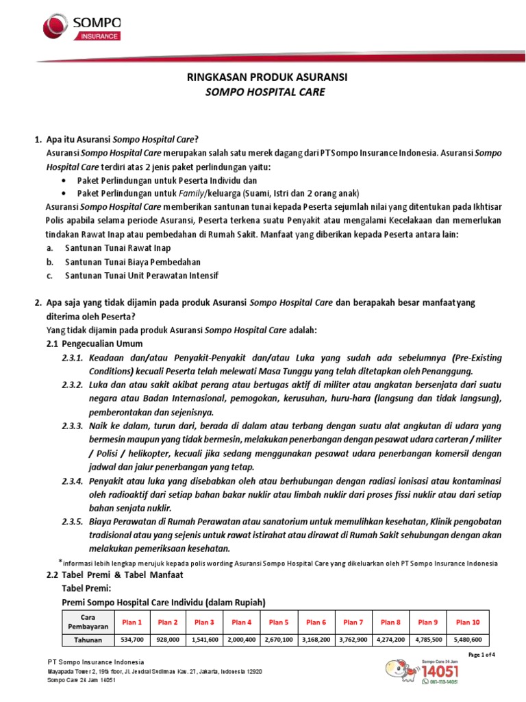 Product Knowledge Sompo Hospital Care Family | PDF