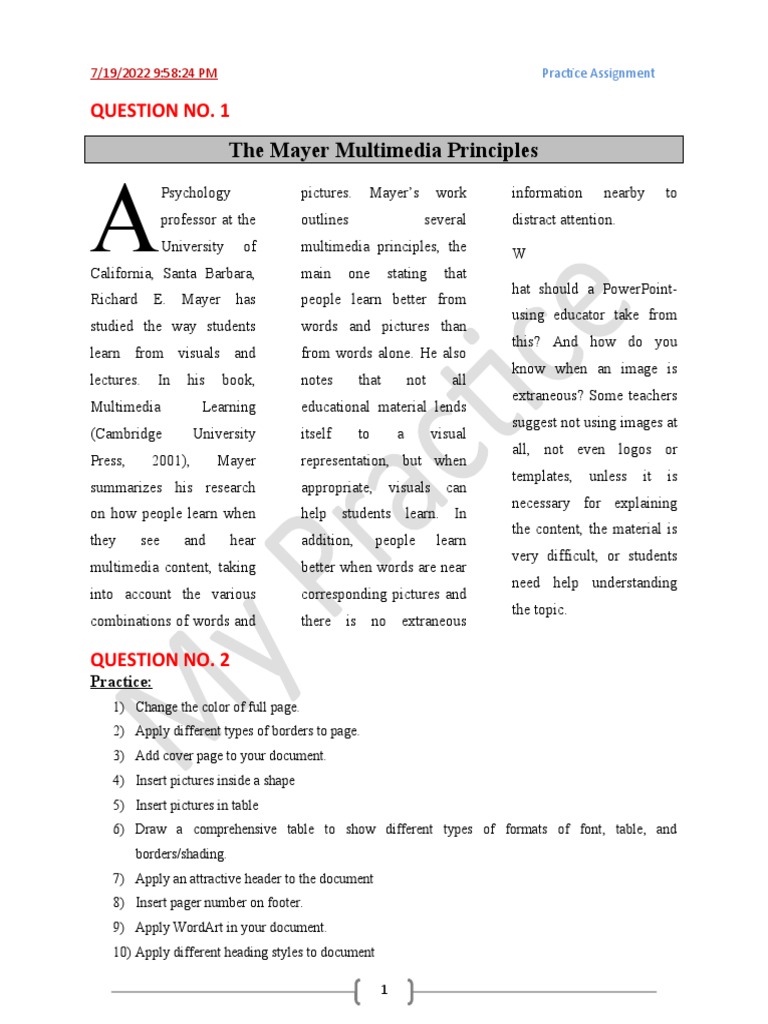 The Mayer Multimedia Principles: Question No. 1 | PDF | Multimedia ...