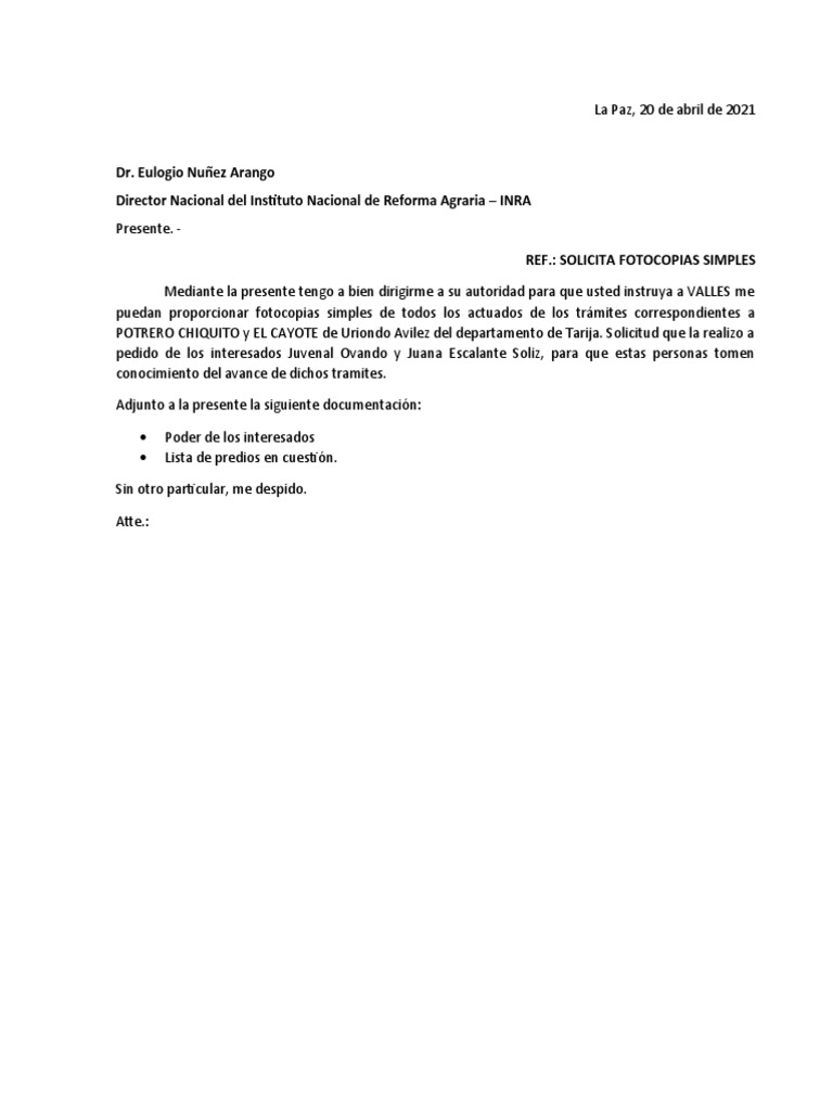Solicitud de fotocopias INRA Tarija | PDF
