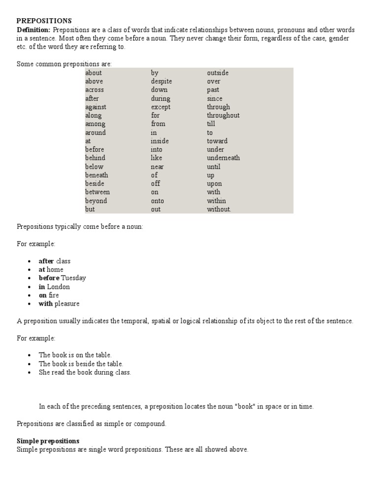 Prepositions Table | PDF | Noun | Preposition And Postposition