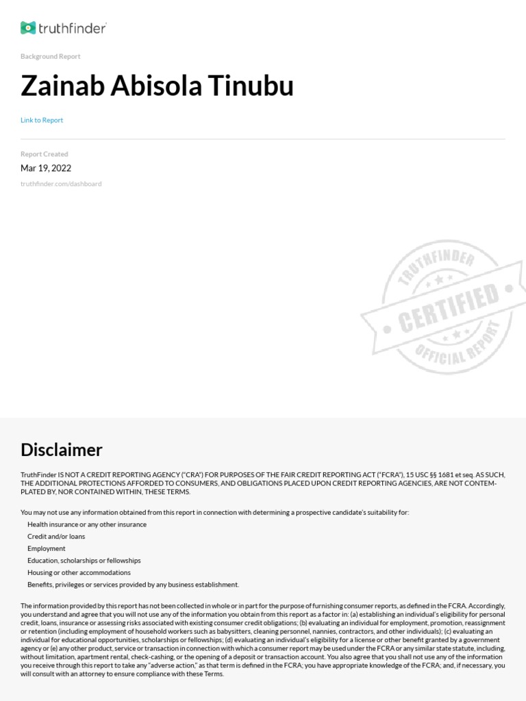 Zainab Abisola Tinubu Truthfinder Report | PDF | Criminal Record ...
