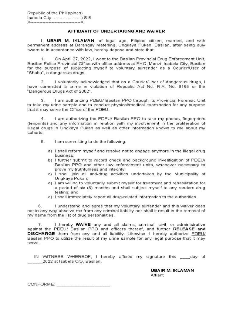 Affidavit of Undertaking Drug Case | PDF | Government | National Security