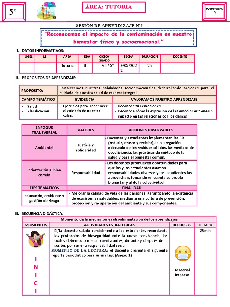 5° Sesión de Aprendizaje Sesión 1-Sem.1-Exp.2-Tutoria | PDF | Las emociones | Aprendizaje