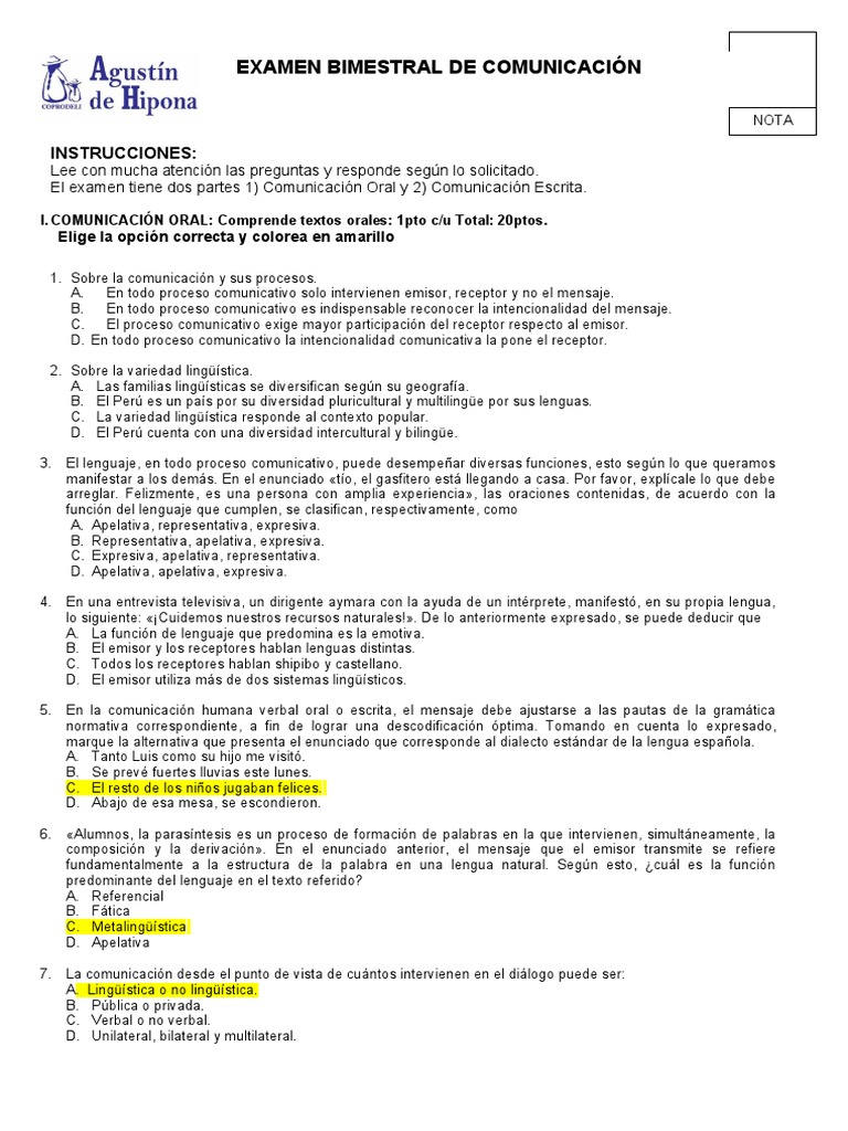 00 - 1ero B Exam Bimest Comun - Vie 13 Mayo | PDF | Comunicación ...