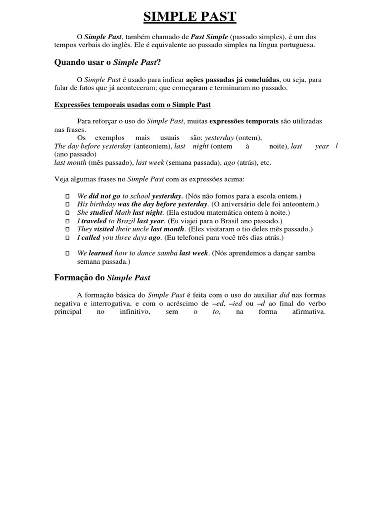 SIMPLE PAST CONTEÚDO | PDF | Assunto (gramática) | Gramática