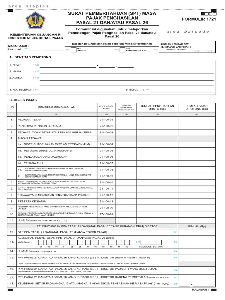 (LAMPIRAN) Contoh Laporan SPT Masa Form 1721 | PDF